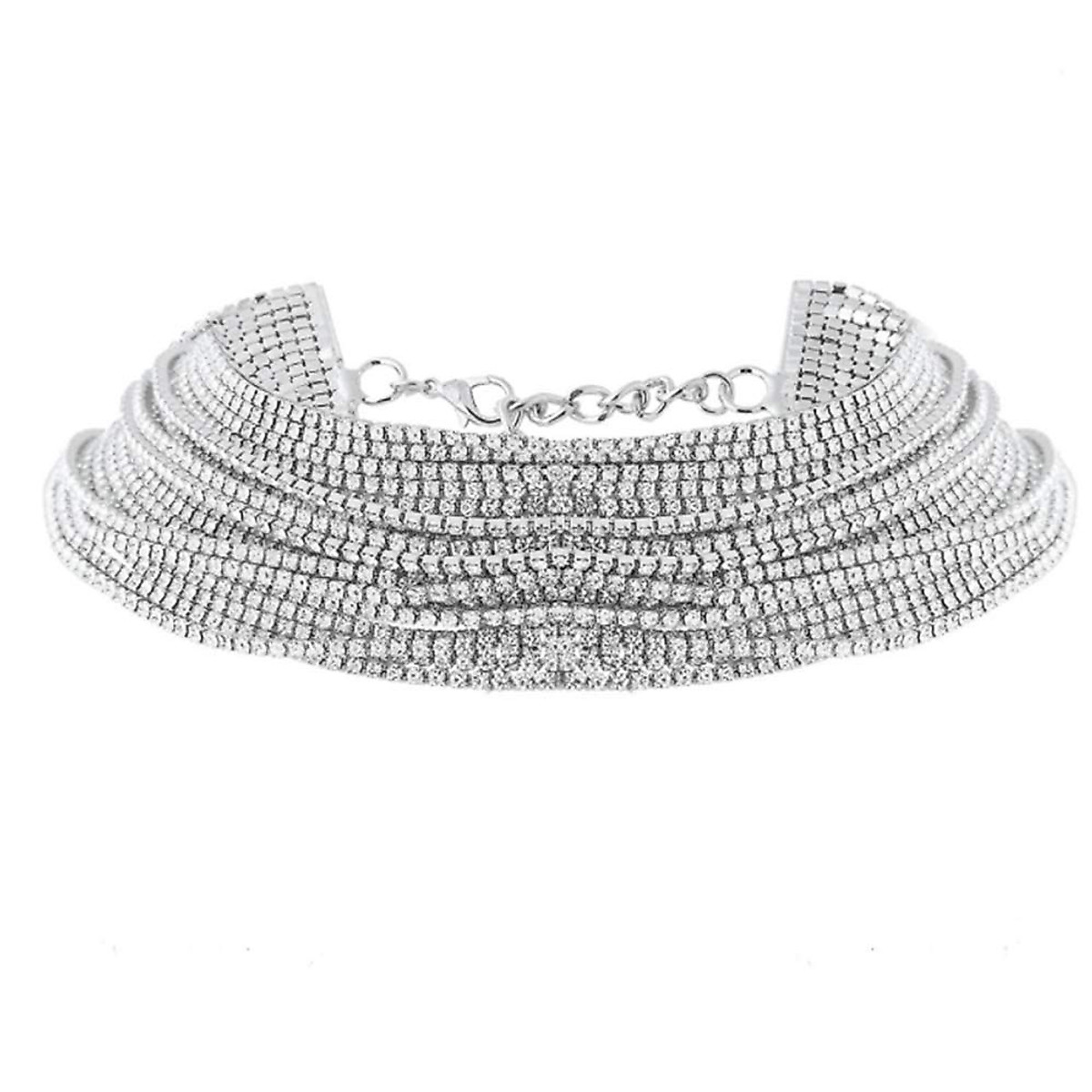 YERTTER Women Waterfall Rhinestone Chain Multilayered Chain Full Crystal Tight Sparkly Choker for Party Prom Vacation (Silver)