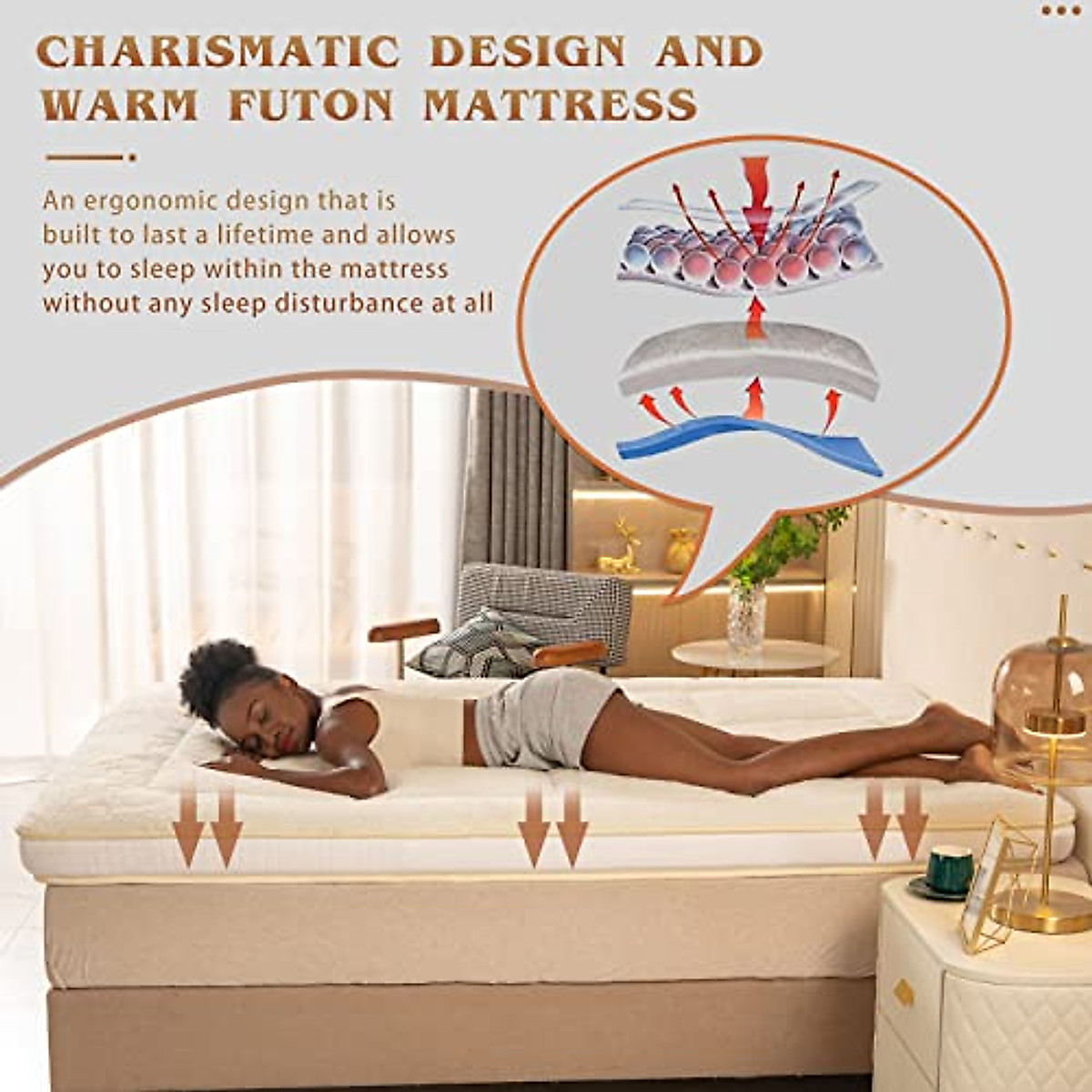 MAXYOYO Japanese Bed Futon Mattress Full Size, Floor Futon Bed Foldable Mattress for Floor Double Mattress Roll Up Guest Bed Mattress, Upgraded Ultra Soft Fluffy Full Beige Mattress