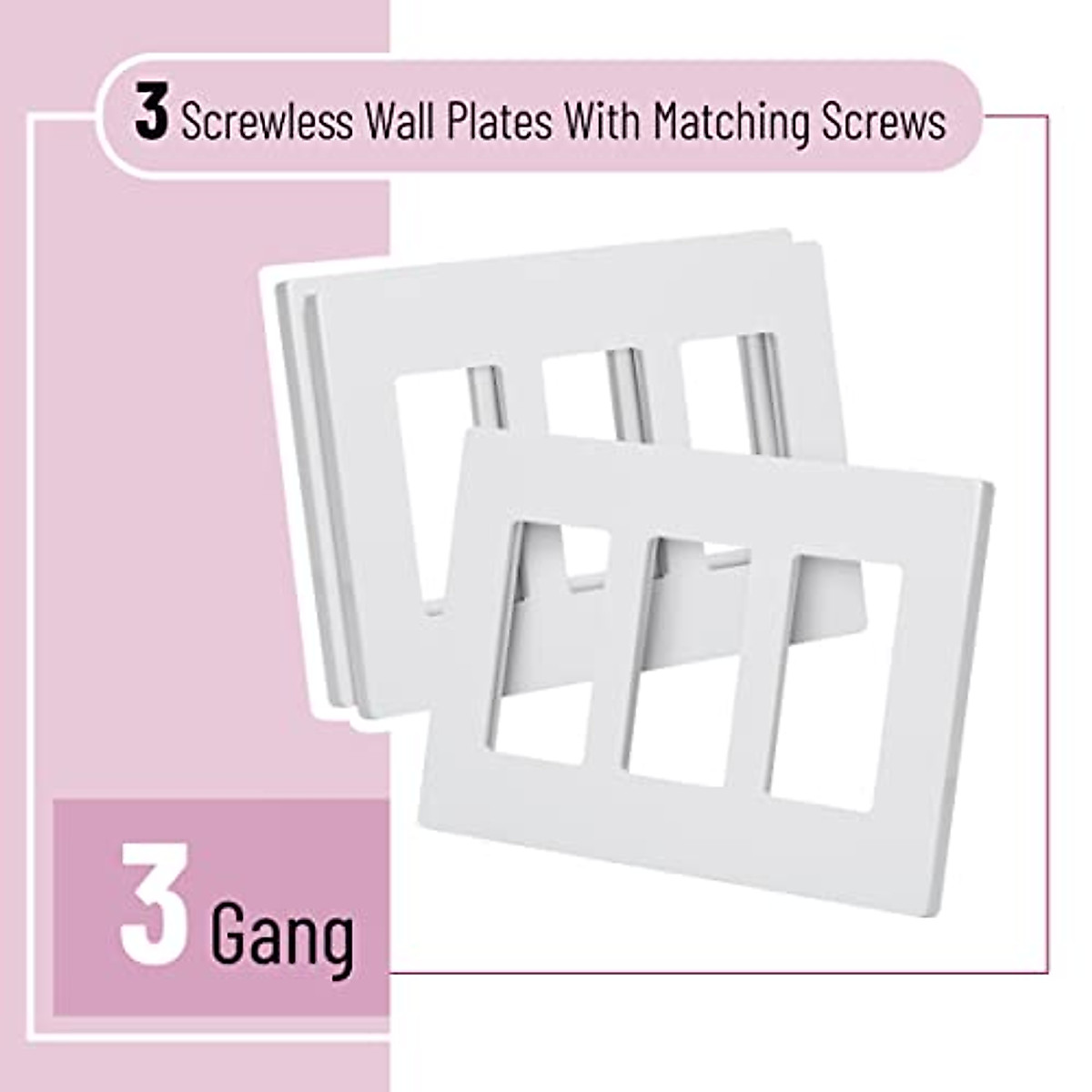 Bates- Screwless Decorator Wall Plates, Three Gang Switch Plate Covers, 3 Pack, Screwless Wall Plates 3 Gang, White Switch Plate Covers, Switch Cover Plate, Wall Switch Cover, Electrical Outlet Cover