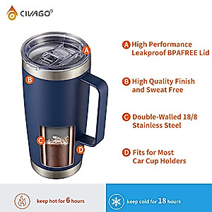 CIVAGO 20 oz Tumbler Mug with Lid and Straw, Insulated Travel Coffee Mug with Handle, Double Wall Stainless Steel Vacuum Coffee Tumbler, Thermal Coffee Cup, Navy Blue