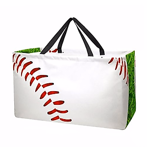 suojapuku Reusable Grocery Bags,Green grass and baseball,Lightweight Recycling Shopping Totes Bag with Handle for Groceries
