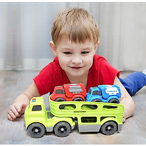 Number 1 In Service Car Toys for Boys Toddler 3 in 1 Carrier Transport Truck for Kids Vehicle Toy for Age 2 3 4 5 6 Year Old Boy, Truck & Cars with Lights & Sounds Police Car Fire Car Vehicle Playset