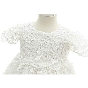 Bow Dream Baby Girls 4Pcs Gown and Bonnet Christening Baptism Dress Lace Baby Dress with Shoes White 3-6 Months