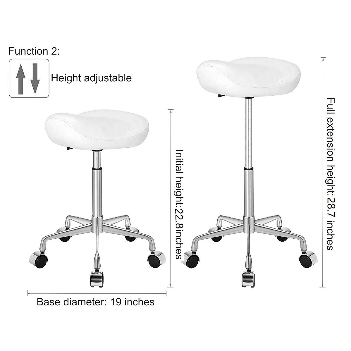 Kaleurrier Ergonomic Rolling Swivel Saddle Stool with Wheels,Hydraulic Pneumatic Lifting Height Adjustable Lightweight Chair for Clinic Hair Salon Massage Lab Kitchen Home Office (White, Without Back)
