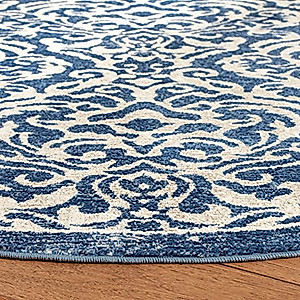 SAFAVIEH Brentwood Collection 6'7" Round Navy / Cream BNT810N Damask Non-Shedding Dining Room Entryway Foyer Living Room Bedroom Area Rug