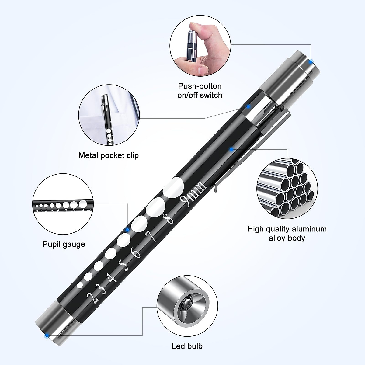 CAVN Pen Lights for Nurses, 3-Pack Reusable Medical Penlights with Pupil Gauge for Nursing Doctor Students White Light, Nurse Gifts, Black/White/Rose Gold