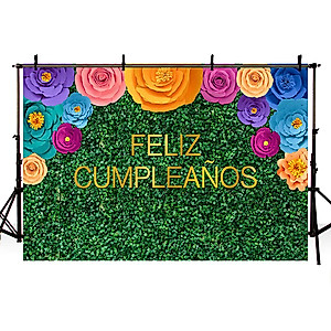 AIBIIN 7x5ft Feliz Cumpleaños Backdrop Mexican Fiesta Encanto Happy Birthday Party Photography Background Greenery Floral Green Leaves Mexico Cinco De Mayo Carnival Bday Cake Table Decoration Banner