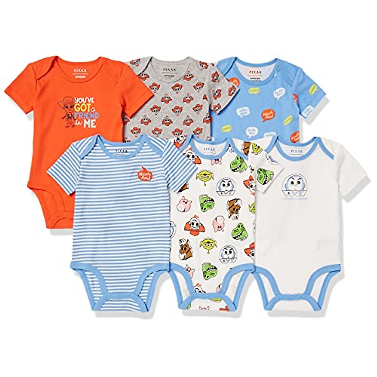 Amazon Essentials Disney | Marvel | Star Wars Baby Boys' Short-Sleeve Bodysuits, Pack of 6, Toy Story Play Nice, 12 Months