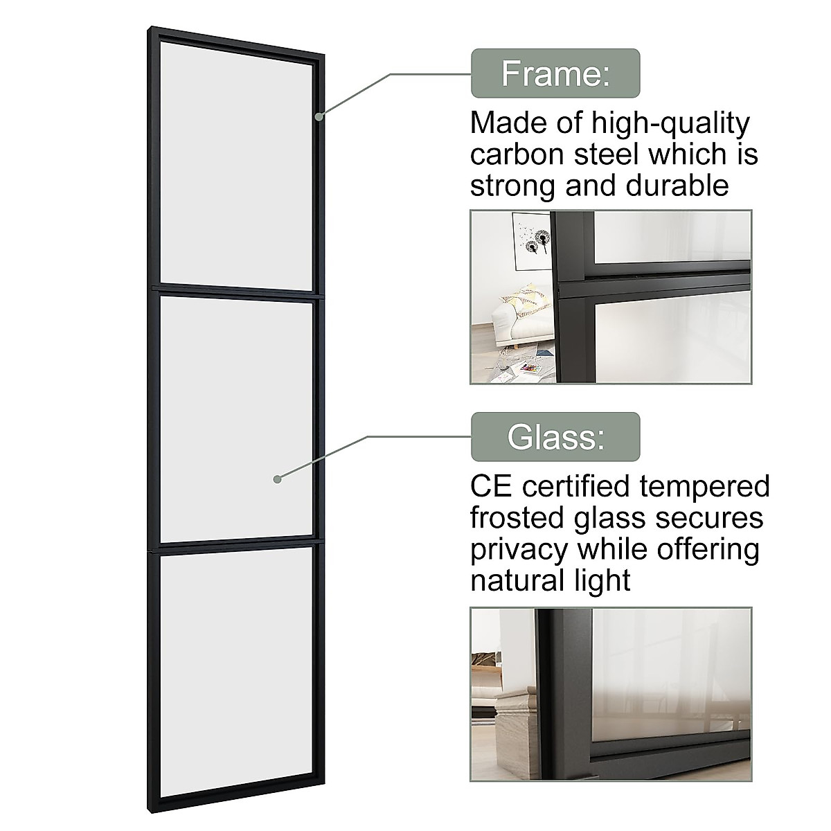 JUBEST 36 x 84 Inch Double Barn Door with 6FT Hardware Kit and Soft Close Mechanism Include, 2 Sets of 18in x 84in 3-Paneled Frosted Glass with Carbon Steel Frame Barn Door, Easy to Install