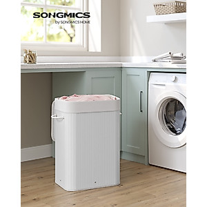 SONGMICS Foldable Laundry Hamper with Lid, 19 Gal. Bamboo Laundry Basket, Rectangular Storage Hamper with 3 Handles, 15.7 x 11.8 x 23.6 Inches, for Laundry Room, Bedroom, White ULCB010W01