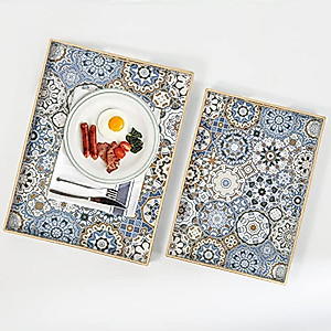 AGIOTA 2 Pcs Serving Tray with Handles Ottoman Tray for Living Room Blue Boho Decorative - Modern Plastic Large Coffee Table Trays