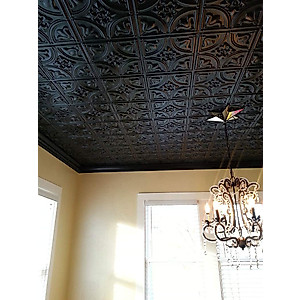 From Plain To Beautiful In Hours 148 Tiny Tulips PVC 2' x 2' Glue-up Ceiling Tile (Covers / 100 sq.ft), Black, 25 Piece