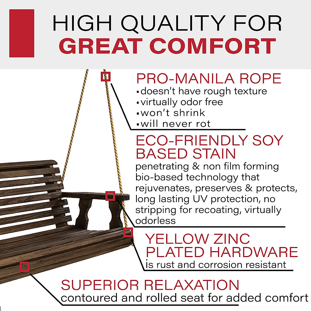 Amish Casual Heavy Duty 800 Lb Roll Back Treated Porch Swing with Hanging Ropes (5 Foot, Dark Walnut Stain)