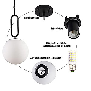 BAODEN Large Globe Pendant Light Set of 2 Modern Black Orb Chandelier with White Ball Glass Lampshade Industrial Ceiling Lamp Adjustable Hanging Lighting Fixture for Kitchen Island Dining Bedroom