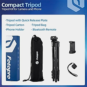 Fotopro Camera Tripod, 48" Phone Tripod with 3-Way Head, Lightweight Aluminum Tripod for Phone with Phone Mount Remote Control, Portable Travel Tripod, Camera Stand Compatible with DSLR