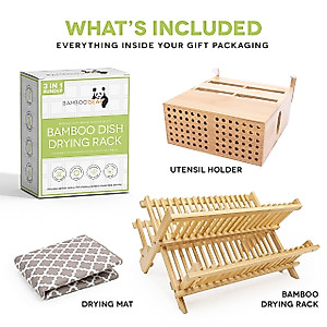 All-in-1 Bamboo Dish Drying Rack Set with Utensil Holder and Microfiber Drying Mat Large Collapsible 3 Tier Wooden Dish Drying Rack Bamboo Utensil Drying Rack and 15" Dish Drying Mat.