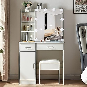 Vanity Set with 3 Color Lighted Mirror, Makeup Vanity Table with Storage Shelves & Drawers, Dressing Table Makeup Desk with Stool,White (H3071)