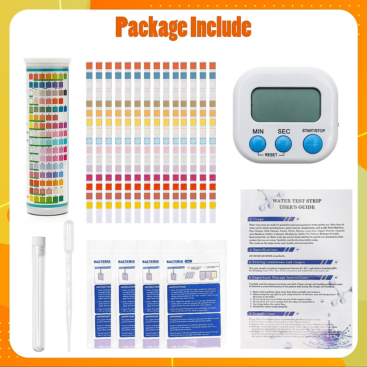 Anglekai 125+8P Drinking Water Testing Kit for Home, Water Testing Kit with 125P Testing Strips/ 4P Bacteria Tests/Tube/Dropper/Timer/Instruction, Well Water Test Kit for Home Water Quality Test