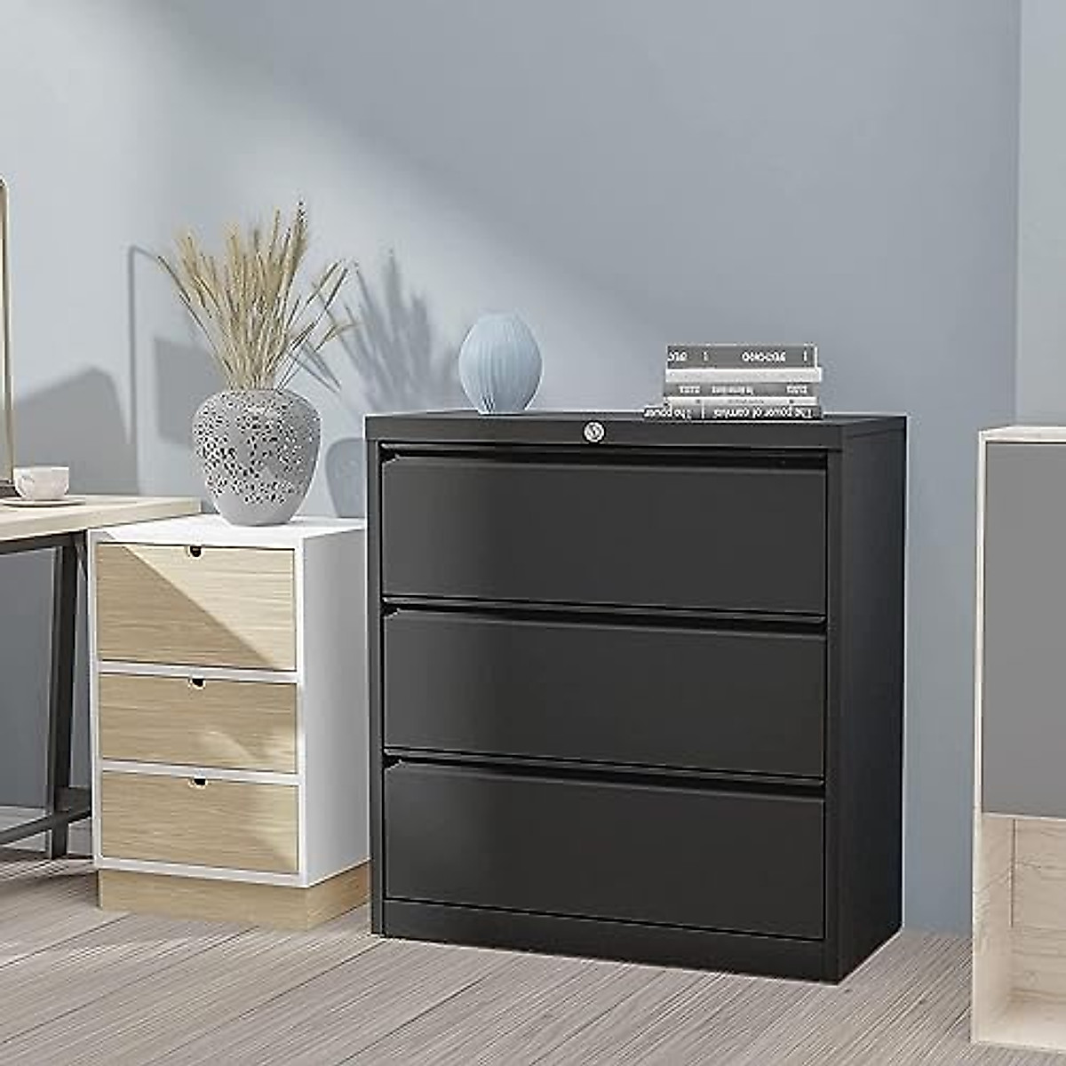 GangMei 3 Drawer Lateral File Cabinet, Metal Lateral File Cabinets with Lock, Legal Size Steel Lateral Filing Cabinet for Office and Home