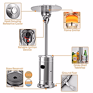 Tangkula 48,000 BTU Outdoor Patio Heater with Wheels, Stainless Steel Propane Heater with Tip-Over & Flameout Protection, Propane Gas Heater with Drink Shelf Table for Commercial & Residential