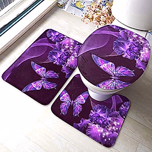 QIAOQIAO Purple Butterfly Bathroom Rugs and Mats Sets 3 Piece (Bath Mat U-Shaped Contour Shower Mat Non Slip Absorbent Toilet Lid Cover Washable) 40x60cm, OneSize