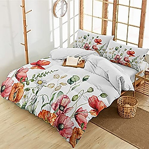 Twin 3 Piece Bedding Set,Red Poppy Flower on White Breathable Duvet Cover Super Soft Pillow Shams,Farm Green Eucalyptus Leaf Washable Bed Sets All Seasons for Bedroom Dorm Hotel RV