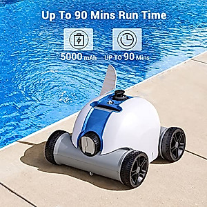 Cordless Robotic Pool Cleaner, Automatic Pool Vacuum with 60-90 Mins Working Time, Rechargeable Battery, IPX8 Waterproof for Above/In-Ground Swimming Pools Up to 861 Sq Ft