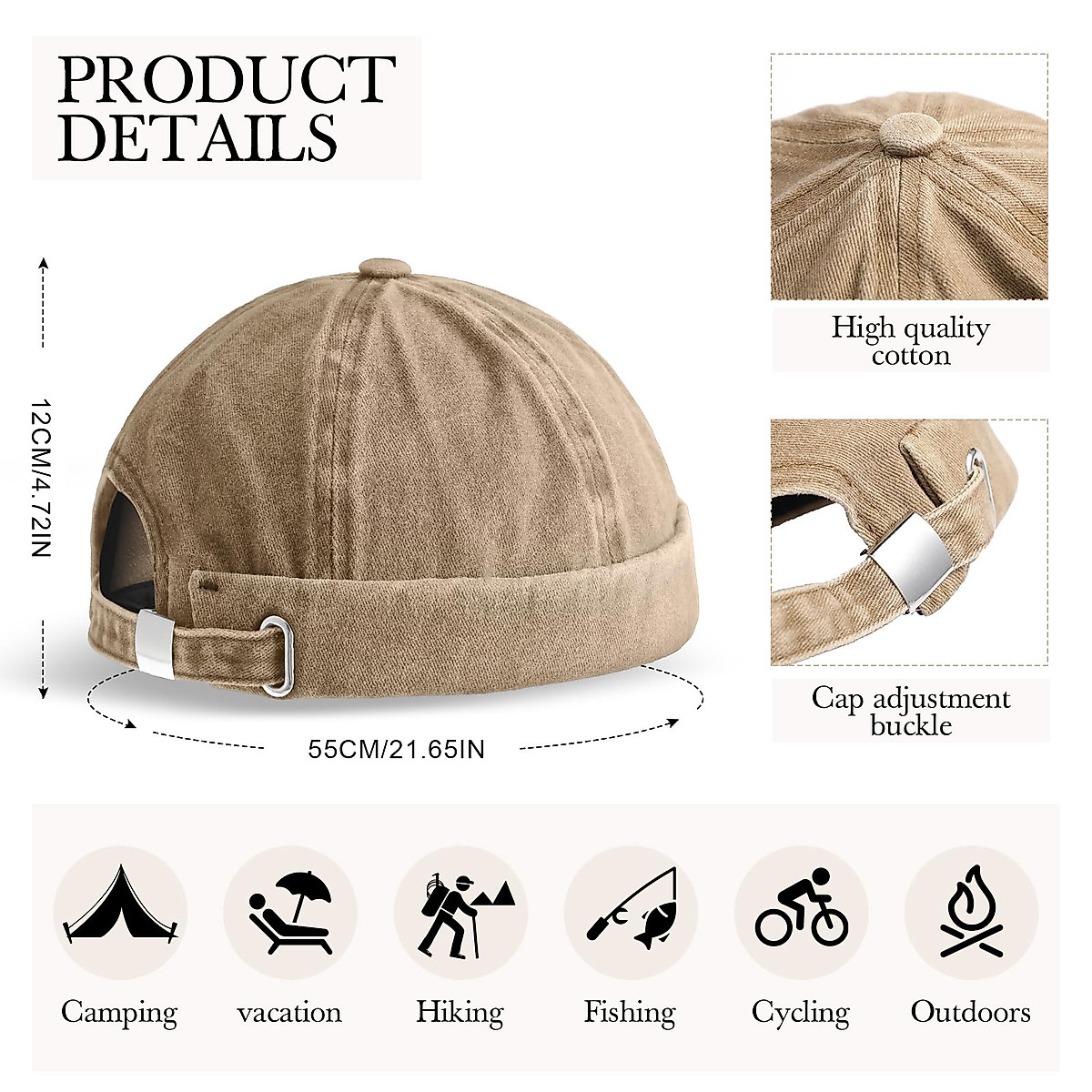 2 Pieces No Brim Hats for Men Women Casual Brimless Caps Cotton Cowboys Beanie Adjustable Docker Hat Retro Visor-Less Flip Cap Cool Sailor Skullcap Rolled Cuff Harbour Beanies (Black, Khakii)