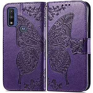 KRHGEIK Designed for Moto G Pure Phone Case Wallet,Women Butterfly Embossed PU Leather Protective Case with Kickstand Card Holder Slots Wrist Strap Flip Cover for Motorola Moto G Pure(Purple)