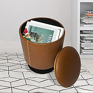 HeuGah Storage Ottoman with Storage for Living Room,Faux Leather Round Ottoman Coffee Table and Ottoman Foot Rest with Metal Rotatable Chassis (Brown)