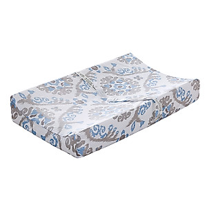 3-Piece Blue and Gray Crib Bedding Set for Girls and Boys. Standard Size Set Inlcudes Comforter, Neutral Crib Fitted Sheet, and Changing Pad Cover. Grey and Blue Damask Pattern