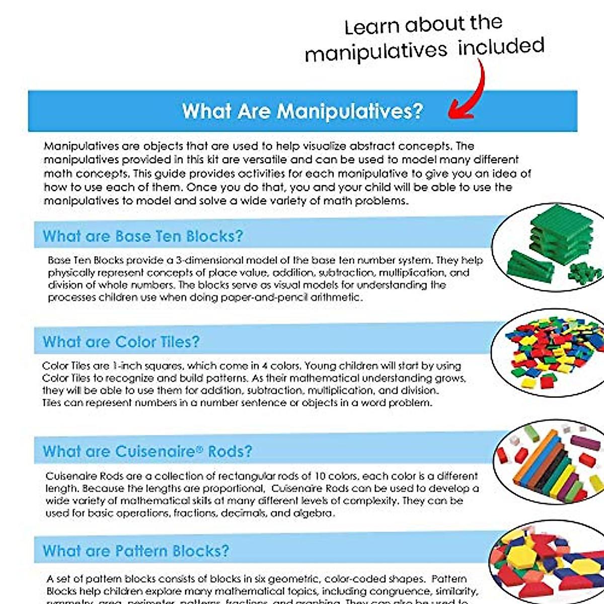 hand2mind Take Home Math Manipulatives Kit for Kids Grade K-2, with Snap Cubes, Base Ten Blocks, Cuisenaire Rods, Pattern Blocks, Color Tiles and Learning Clock, Homeschool Supplies (292 Pieces)