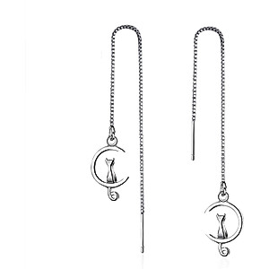 White Gold Plated Long Tassel Chain Sweet Cat on Moon Dangle Drop Threader Earrings for Women