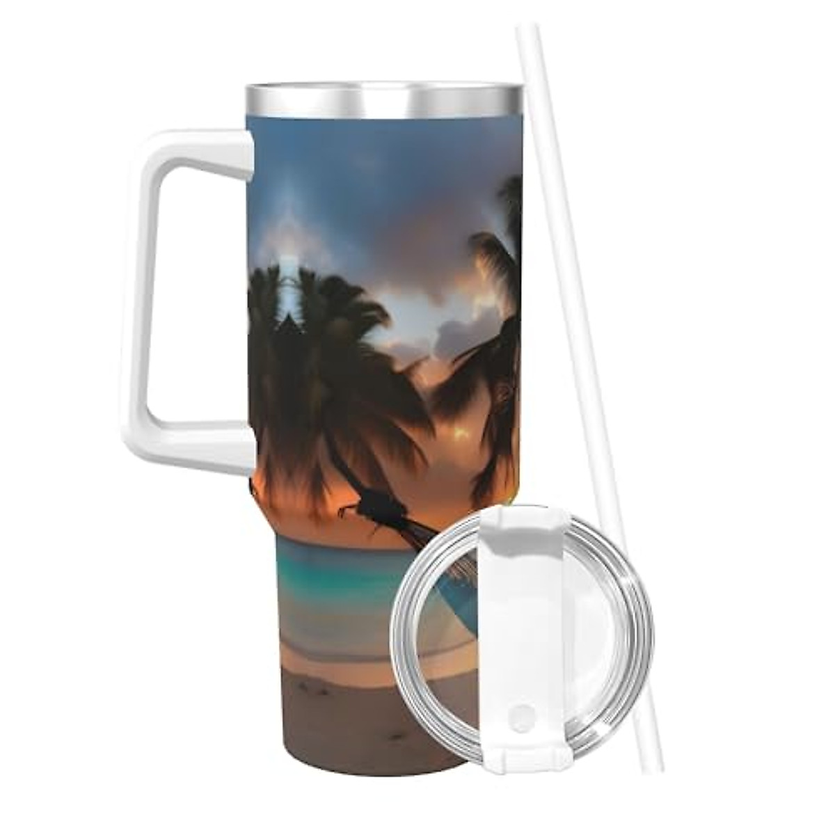 HULIBIN Coconut Beach Sunset Hammock Print Double Deck Stainless Steel Travel Coffee Cup With Lid 40 Oz Ice Bully Cup
