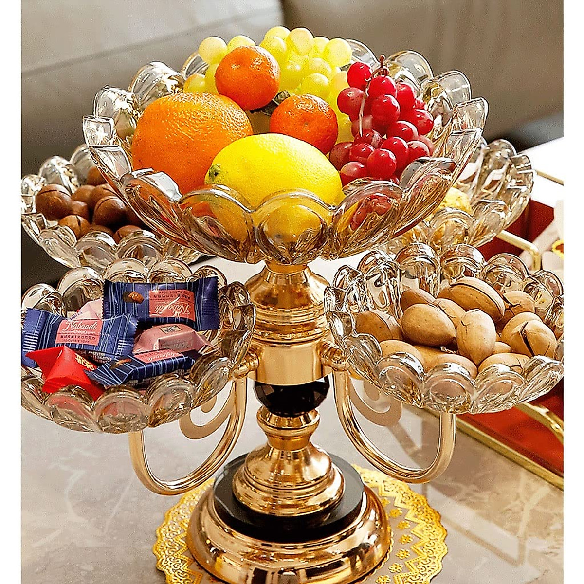 JGATW Fruit Bowl European Metal Fruit Bowl Crystal Glass 5 Heads Rotatable Fruit Basket Decorative Plate Supplies Beautiful Wedding Gift Kitchen Gadgets