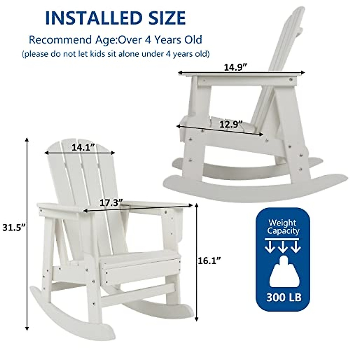 PIZATO Kids Adirondack Chair, Recyclable Durable HDPE Composite Adirondack Chairs Weather Resistant Adirondack Rocking Chair Fire Pit Chairs for Patio Backyard Garden, White