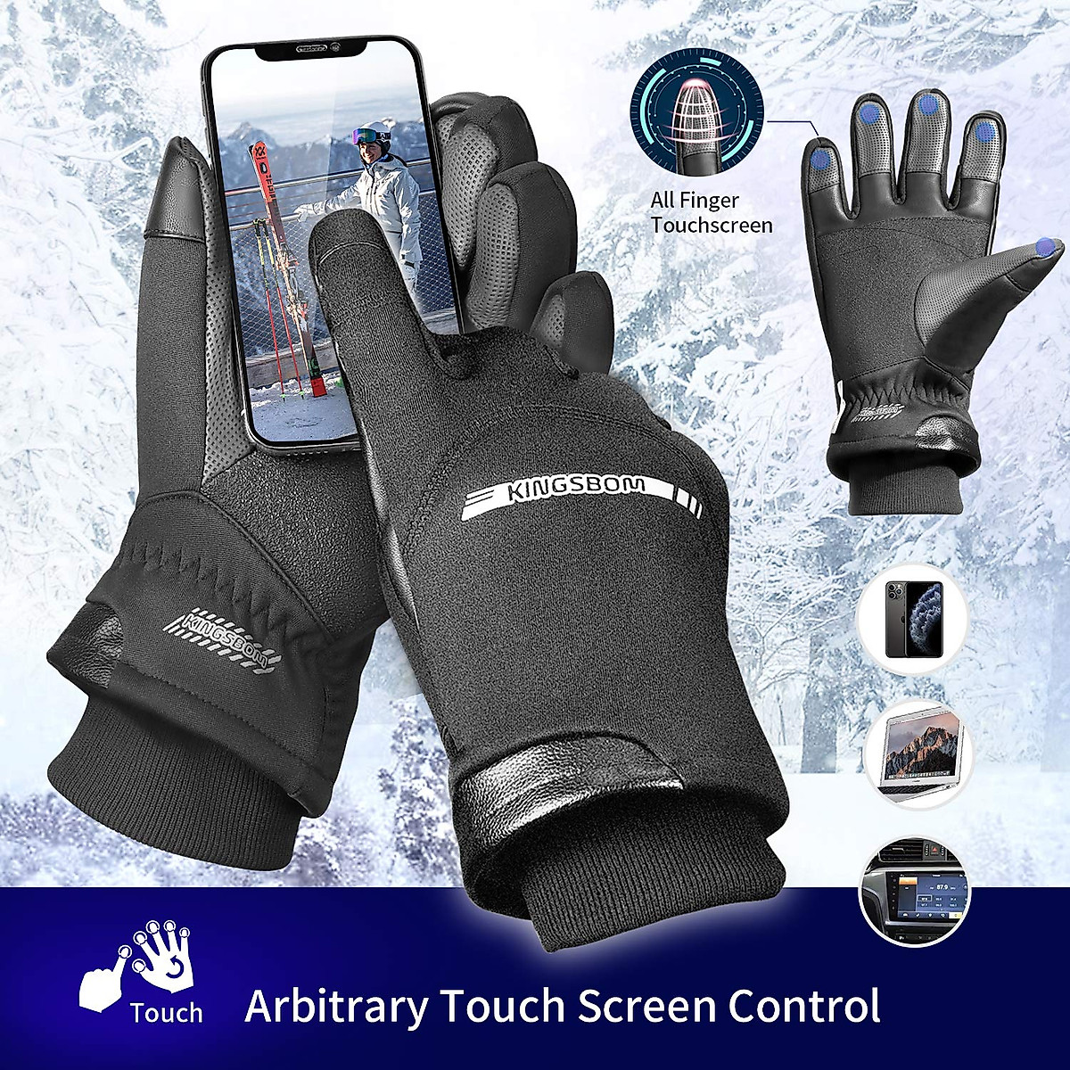 KINGSBOM -40℉ Winter Waterproof Thermal Gloves - 3M Thinsulate Windproof Touch Screen Warm Gloves - for Driving,Cycling,Riding,Running,Outdoor Sports - for Women and Men - Black - (Small)