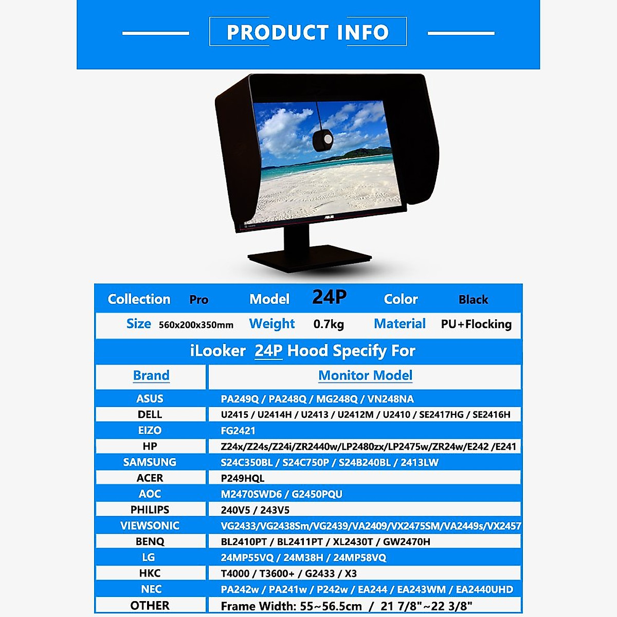 iLooker-24P 24 inch Pro Edition LCD LED Video Monitor Hood Sunshade Sunhood for Dell HP Viewsonic Philips Samsung LG EIZO NEC ASUS ACER BENQ AOC Lenovo, Fits Monitor Frame Width 550-565mm