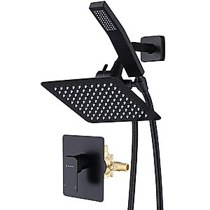 All Metal Shower Faucet Set, Dual Square Shower Head System with Handheld Wand & Rainfall Showerhead, Diverter, Hose Complete Combo, Pressure Balance Rough-in Valve Included