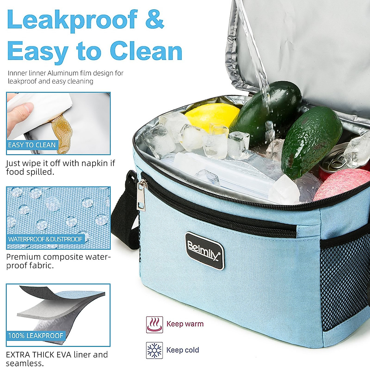 BEIMILY Insulated Lunch Bag 2 Pack Box for Women/Men,Small Soft Sided Cooler Hand bags,Leakproof Reusable Lunchbox,lunch box work with Adjustable Shoulder Strap (blue+Sky blue),2305AC