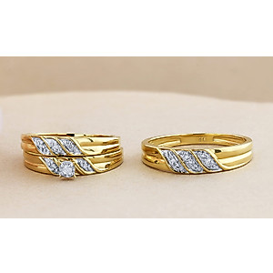 Dazzlingrock Collection 0.10 Carat Round White Diamond Illusion Wedding Trio Ring Set in Yellow Gold Plated Sterling Silver, Women size 5.5 and Men size 7.5