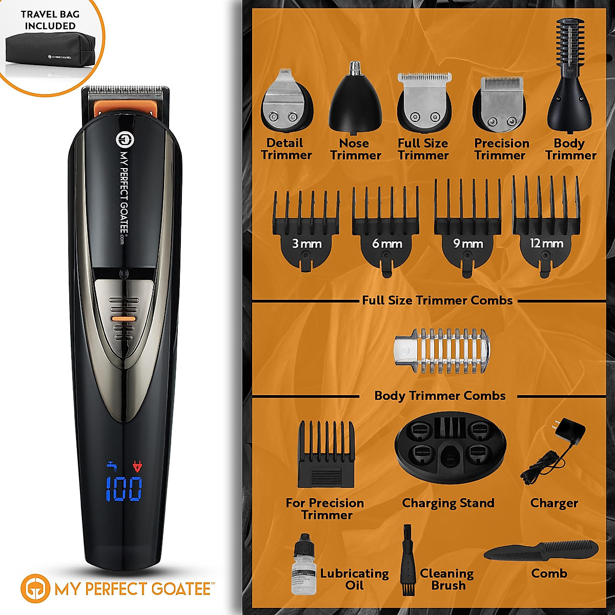 My Perfect Goatee®️ 13-in-1 Mens Grooming Kit - LED Display Beard Trimming Kit with Travel Bag, Charging Stand, & More - Waterproof, Cordless Electric Trimmer for Nose, Body, & More – Ideal Gift Set