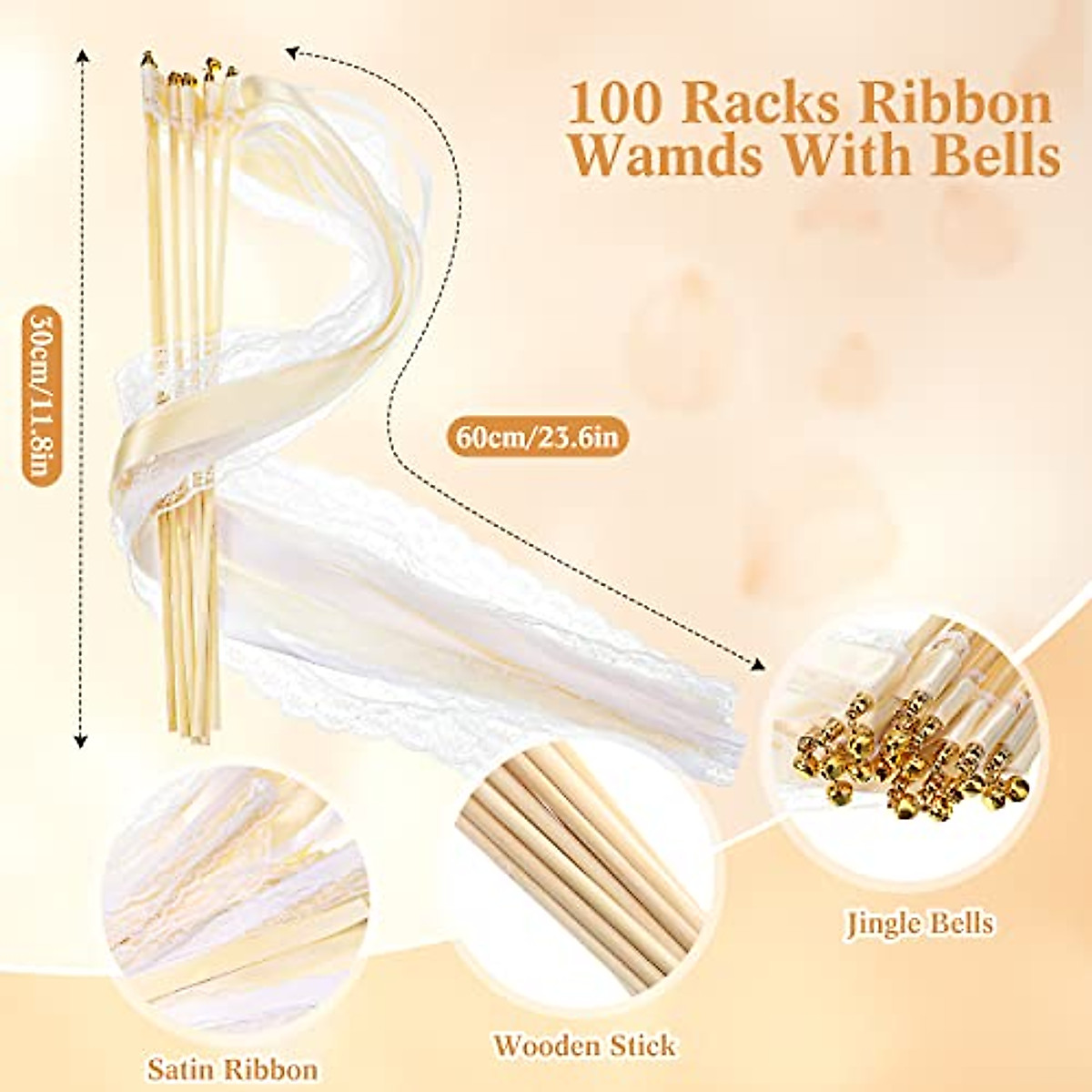 100 Pieces Party Streamers with Bells Lace Ribbon Stick Wands with Bells Silk Fairy Stick Wand Streamers for Wedding Party Baby Shower Send Off Party Activities Holiday Celebration Favors (Champagne)