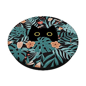 Black Cat In Botanical Flowers Green Floral Pattern Cute Cat PopSockets Standard PopGrip