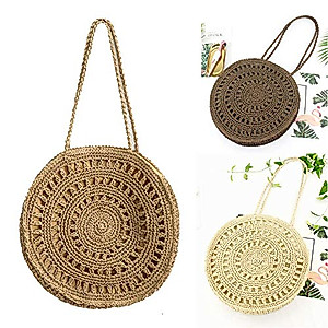 Women's Girl Boho Handwoven Rattan Straw Bag Shoulder Bag Handbag (Brown)