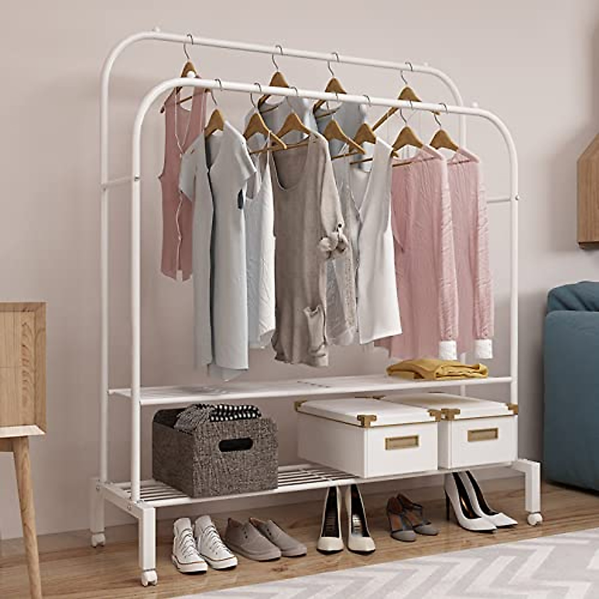 GGQQ Clothes Garment Rack with Shelves,Metal Double Rod Clothes Hanger Rack,Rolling Garment Rack for Hanging Clothes,Stand Clothes Drying Rack with Wheels(41”,White).
