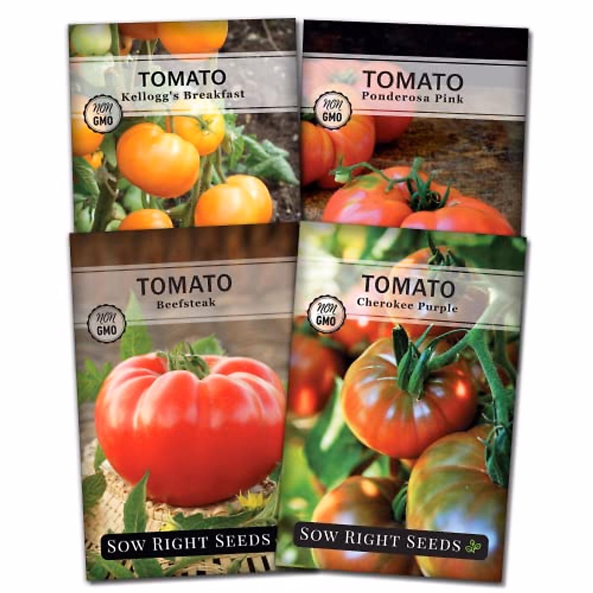 Sow Right Seeds - Beefsteak Style Tomato Seed Collection for Planting - Beefsteak, Kellogg's Breakfast, Cherokee Purple, & Ponderosa Pink - Non-GMO Heirloom Varieties to Plant a Home Vegetable Garden