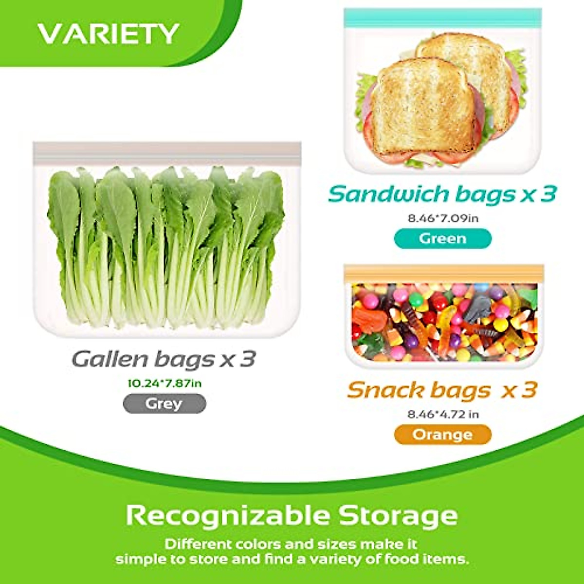 Reusable Snack Bags, Silicone Sandwich Bags Storage Food Zipper Lunch Bags BPA Free Leaf Proof Gallon Freezer Bags - 9 Pack