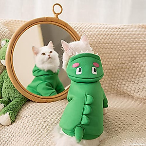 Petvins Small Dog & Cat Winter Clothes Green Dinosaur Pet Soft Hoodies Cute Cold Weather Costume for Kitten and Puppy