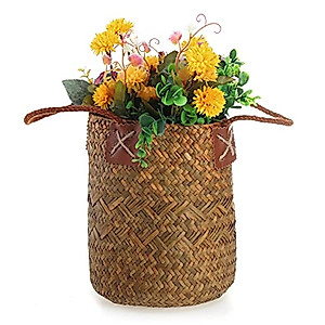 2PCS Seagrass Woven Basket Straw Belly Storage Flower Plant Pot Vase Organizer with Handles for Laundry Picnic Grocery
